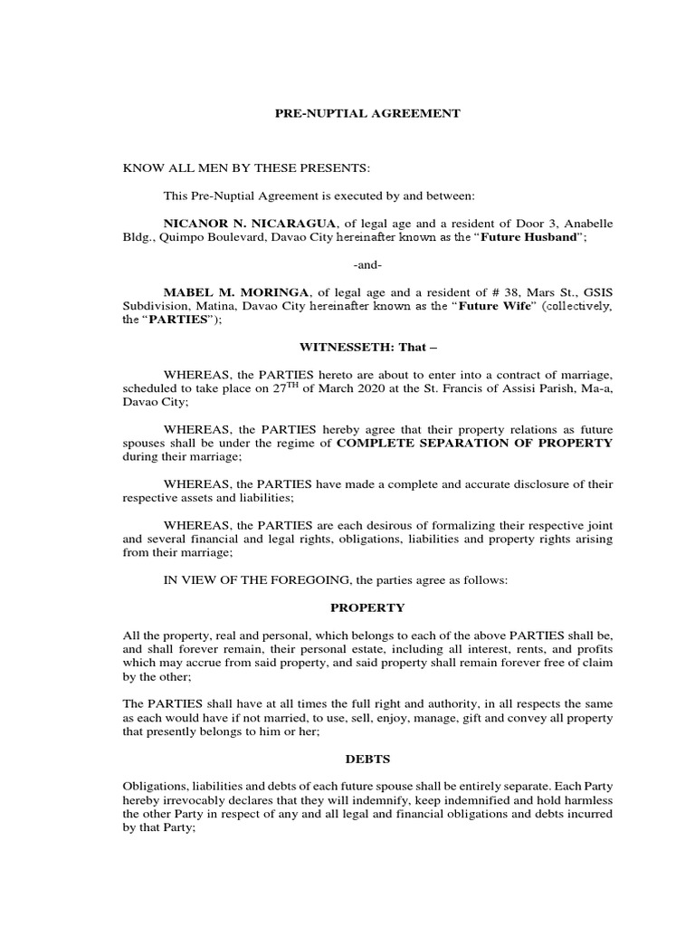 Sample Pre Nuptial Agreement Philippines | PDF | Indemnity | Marriage