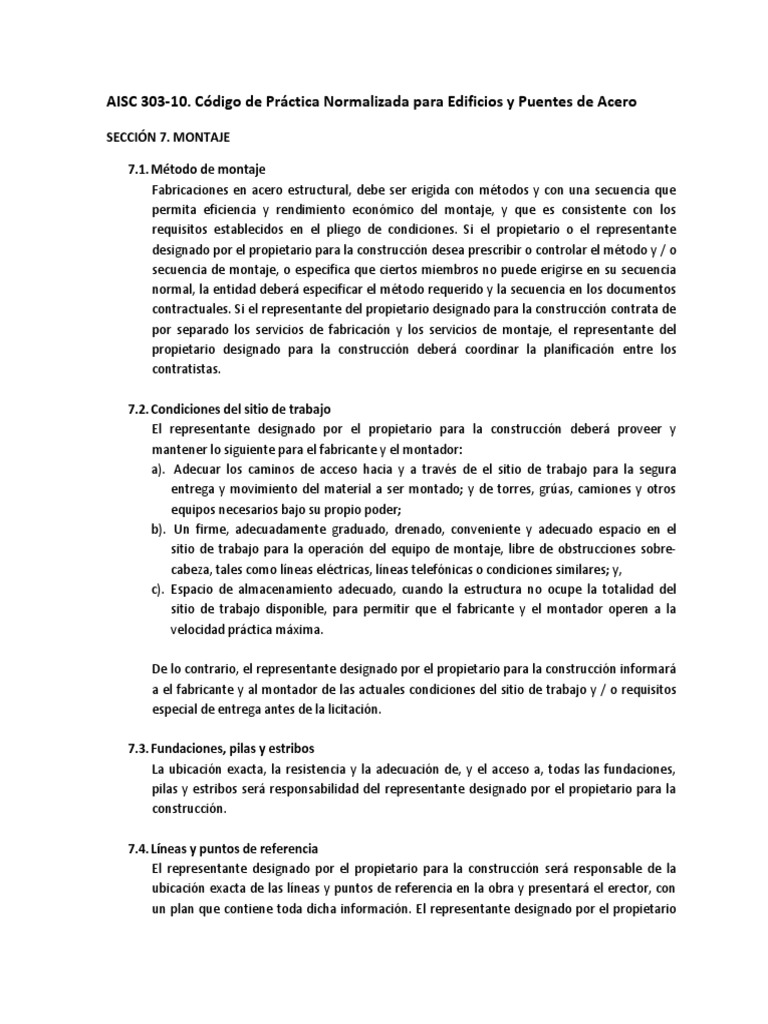 AISC 303-10. SECCIÓN 7 MONTAJE | PDF | Acero estructural | Acero
