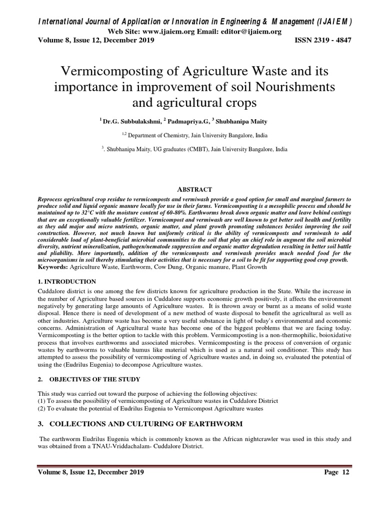 Vermicomposting of Agriculture Waste and Its Importance in Improvement ...