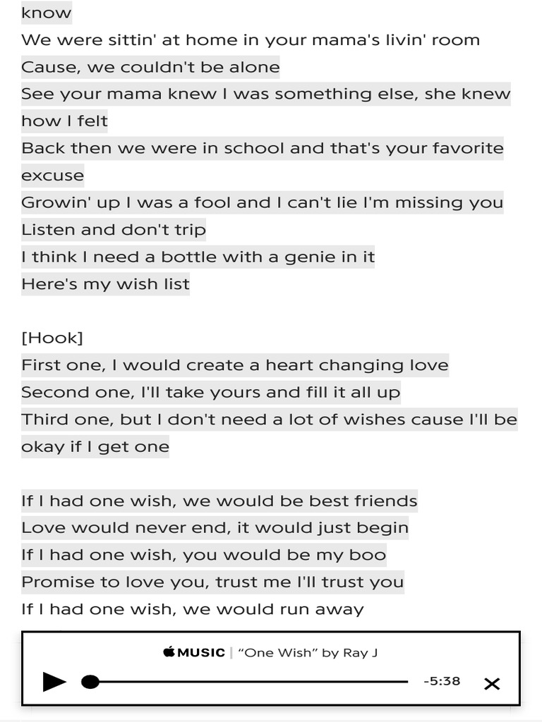 Ray J - One Wish Lyrics Genius Lyrics | PDF