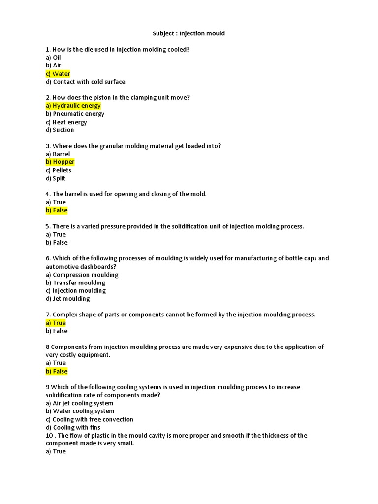 Injection Molding Process Quiz | PDF | Polymers | Plastic