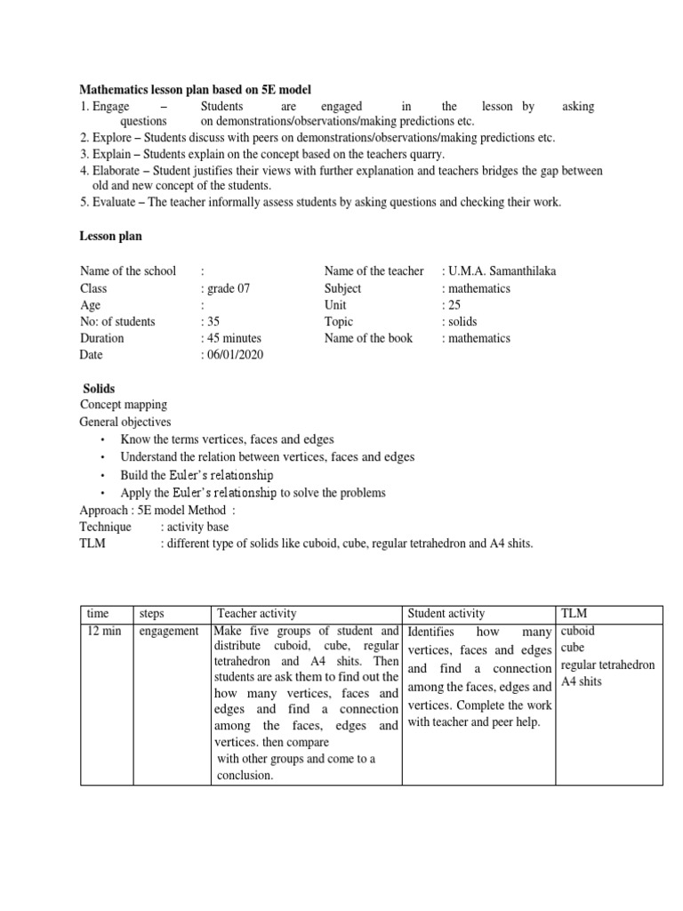 Mathematics Lesson Plan Based On 5E Model | PDF | Lesson Plan ...