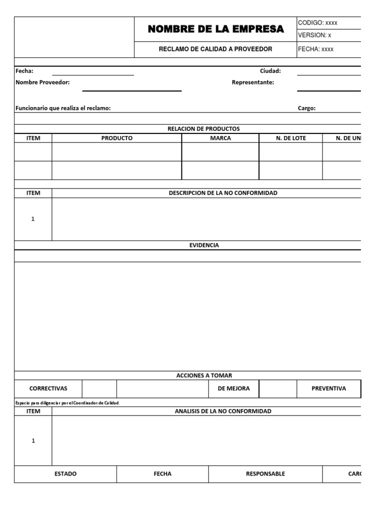Formato Reclamo Calidad | PDF