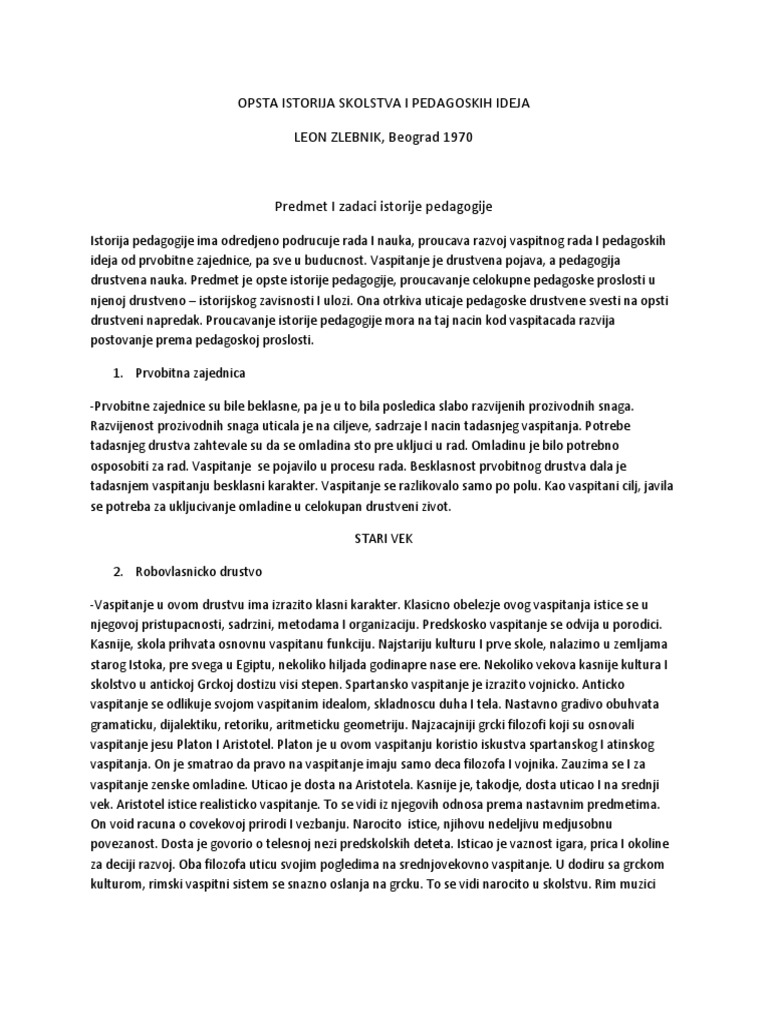Opsta Istorija Skolstva I Pedagoskih Ideja | PDF