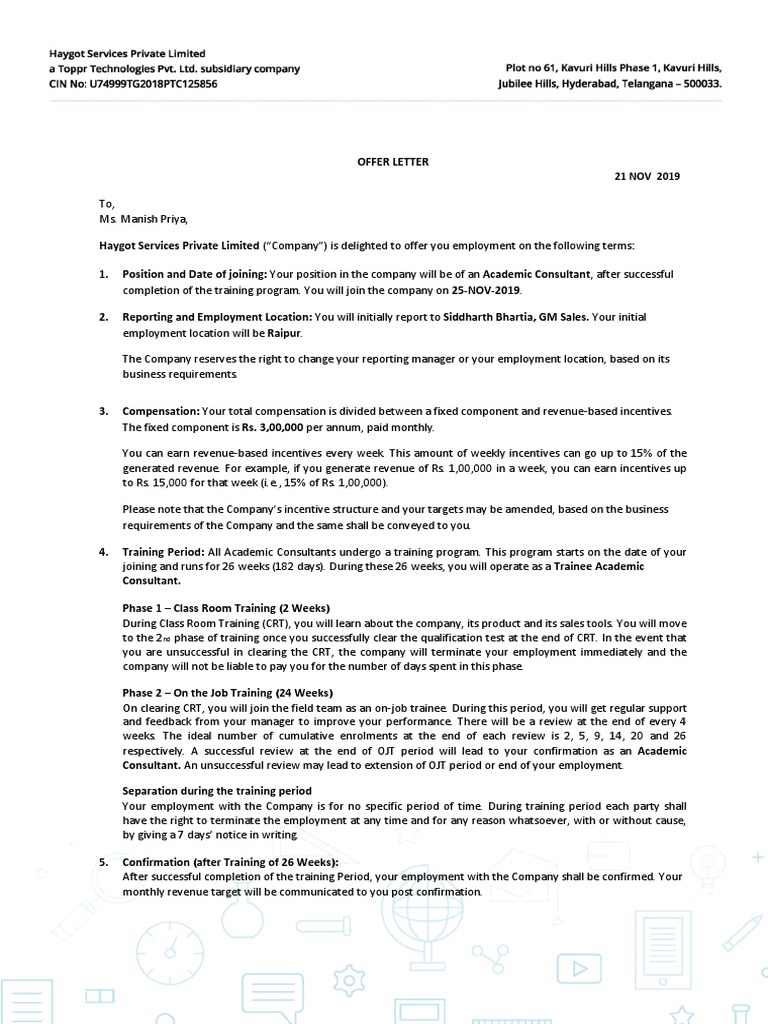 HSPL - Fresher Offer Letter - Manisha Priya PDF | PDF | Indemnity | Common Law