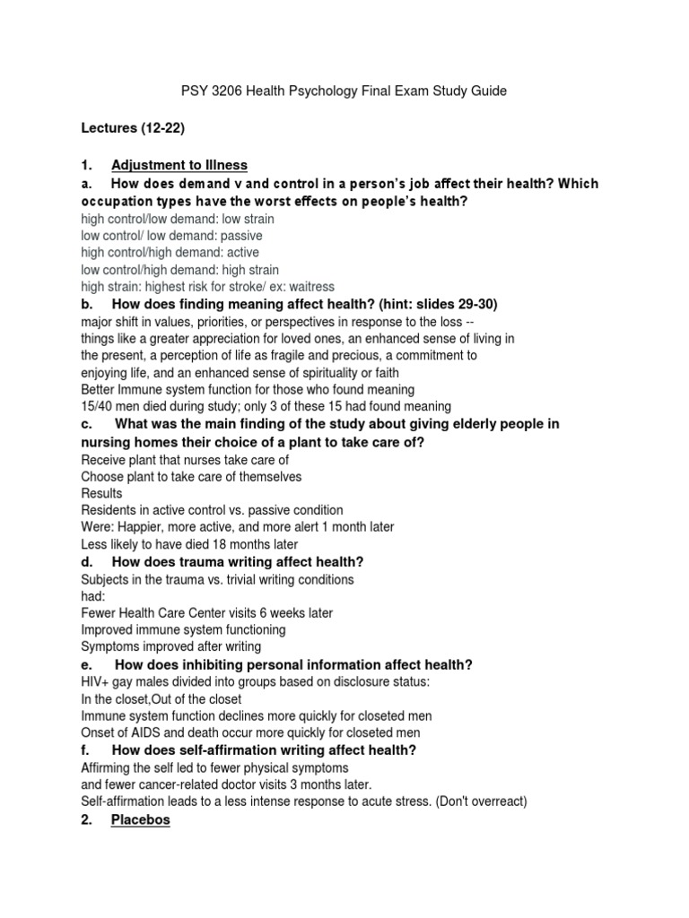 PSY 3206 Health Psychology Final Exam Study Guide | PDF | Pain | Dieting