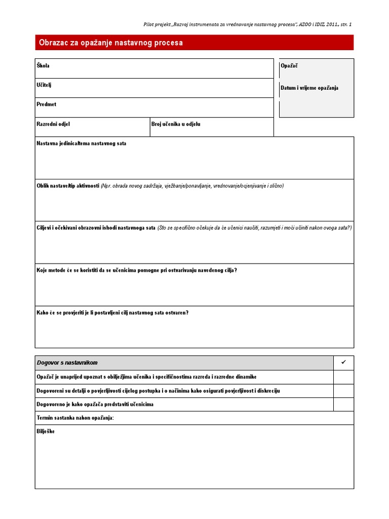 Obrazac Za Opazanje Nastave - Petar Bezinovic - 2011 | PDF