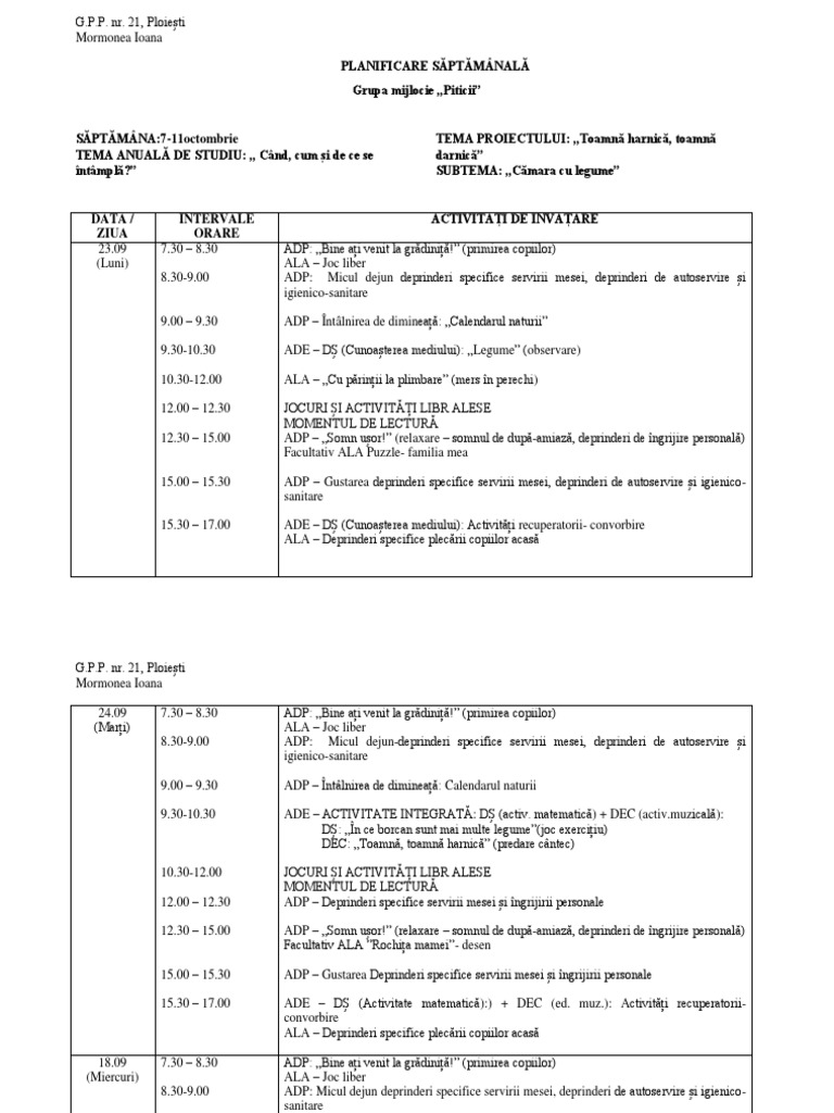 Planificare Saptamanala 7 Oct | PDF