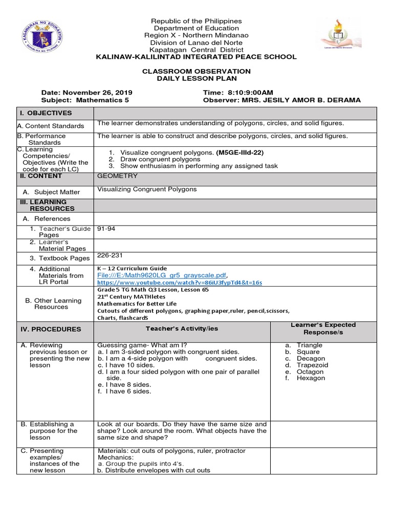 DLP Area of A Circle Math 5 Q4 | PDF | Shape | Rectangle