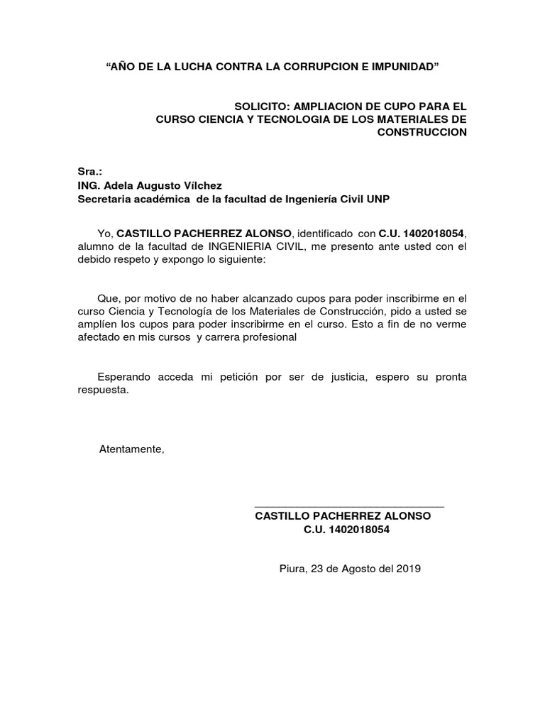 Solicitud de Cupo | PDF