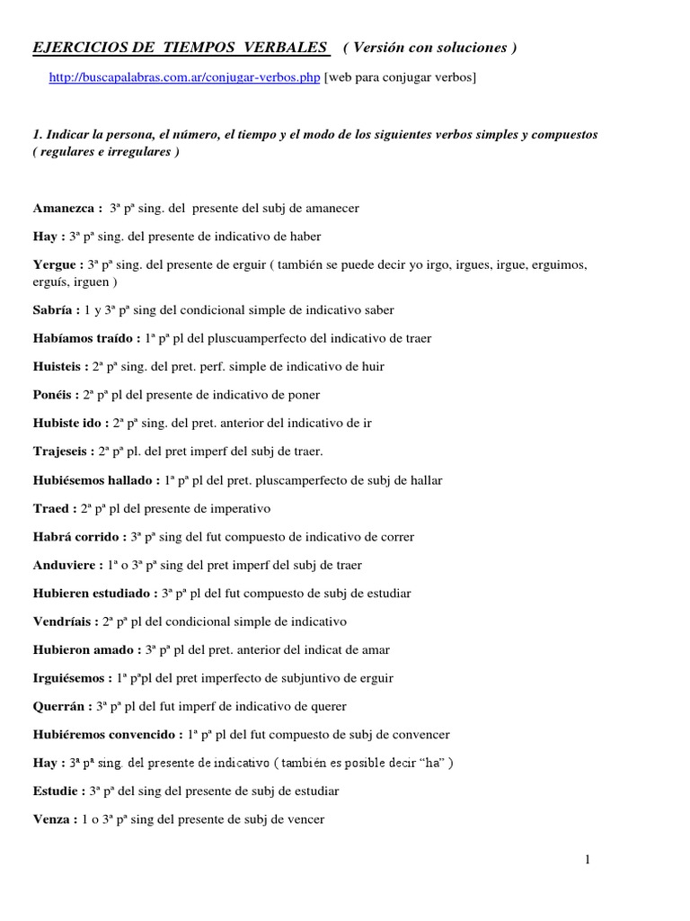 Ejercicios de Tiempos Verbales con Soluciones | PDF | Gramática ...