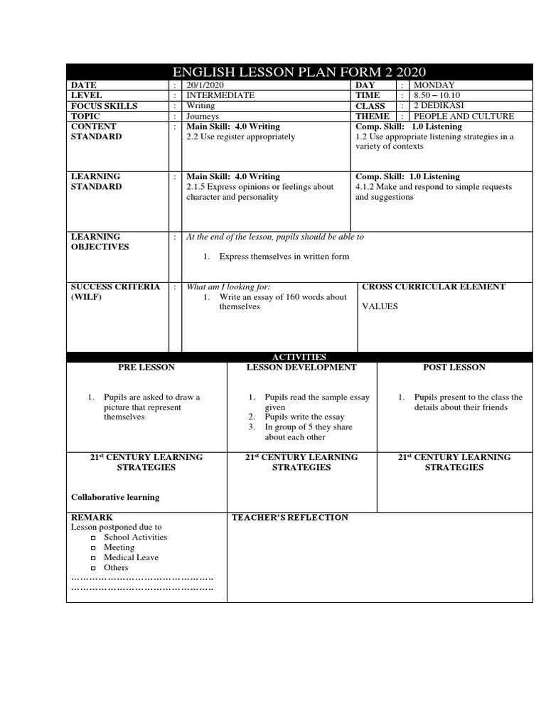 English Lesson Plan Template F2.a Writing | PDF | Lesson Plan | Semiotics