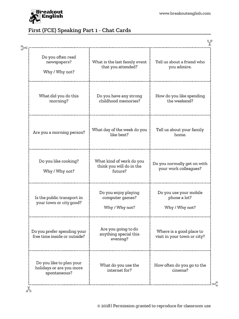 First FCE Speaking Part 1 Chat Cards | PDF