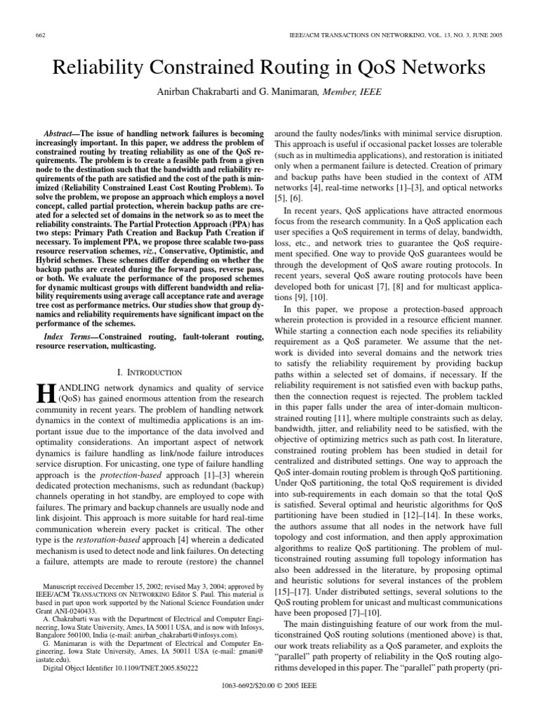 Reliability Constrained Routing in Qos Networks: Anirban Chakrabarti and G. Manimaran, Member ...
