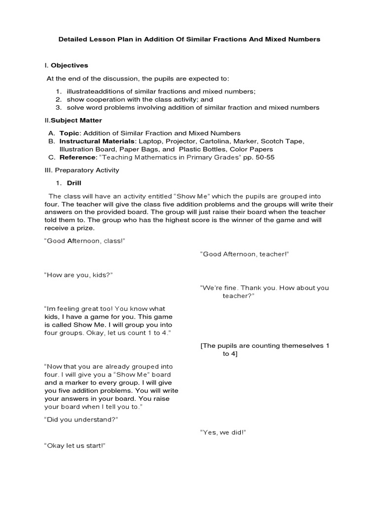 Lesson Plan: Adding Similar Fractions | PDF | Fraction (Mathematics ...