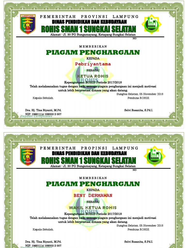 Piagam Rohis Sma N 1 | PDF