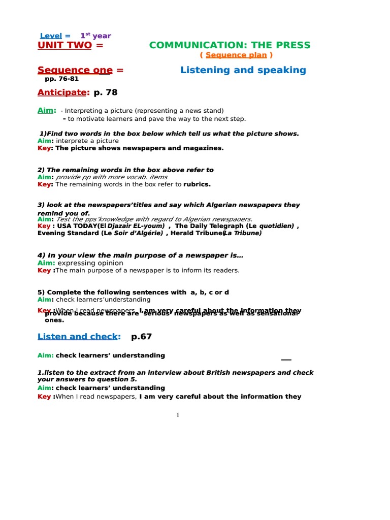 Unit Plan - 1AS (Unit 2 - Communication - The Press Our Findings Show) - 1 | PDF | News | Foods