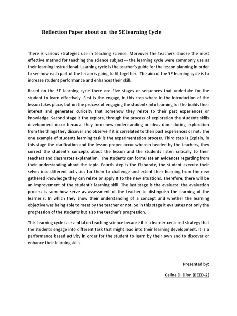 Reflection Paper About On The 5E Learning Cycle | PDF | Scientific ...
