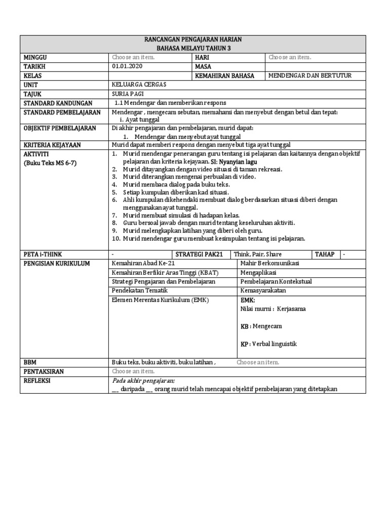 Contoh RPH Tahun 3 2020 | PDF
