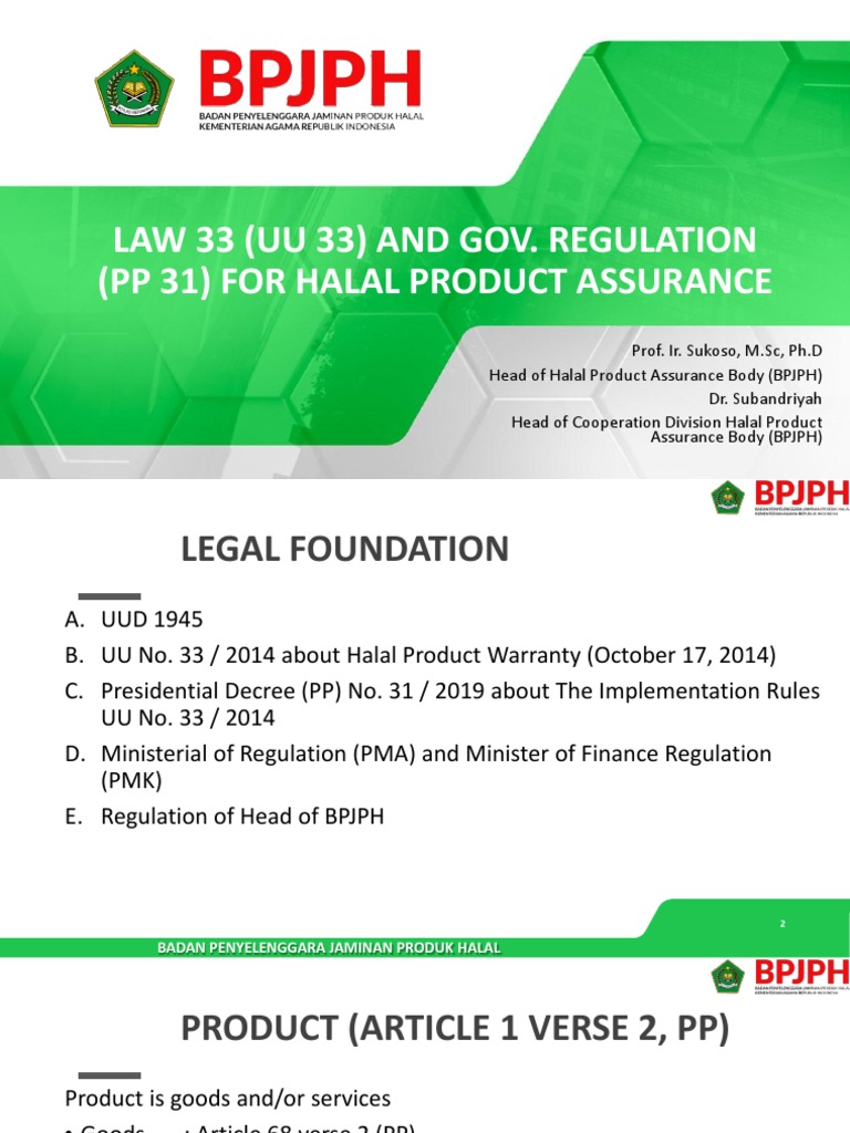 Law 33 (UU 33) and Gov. Regulation (PP 31) For Halal Product Assurance PDF | PDF | Government ...