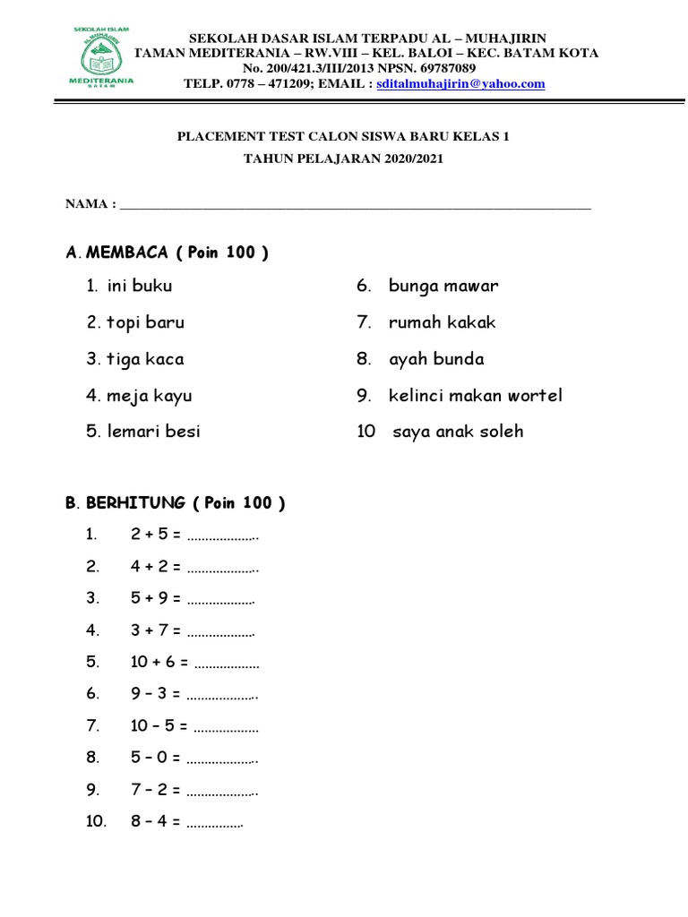 Contoh Soal Placement Test Kelas 1 | PDF | Bisnis
