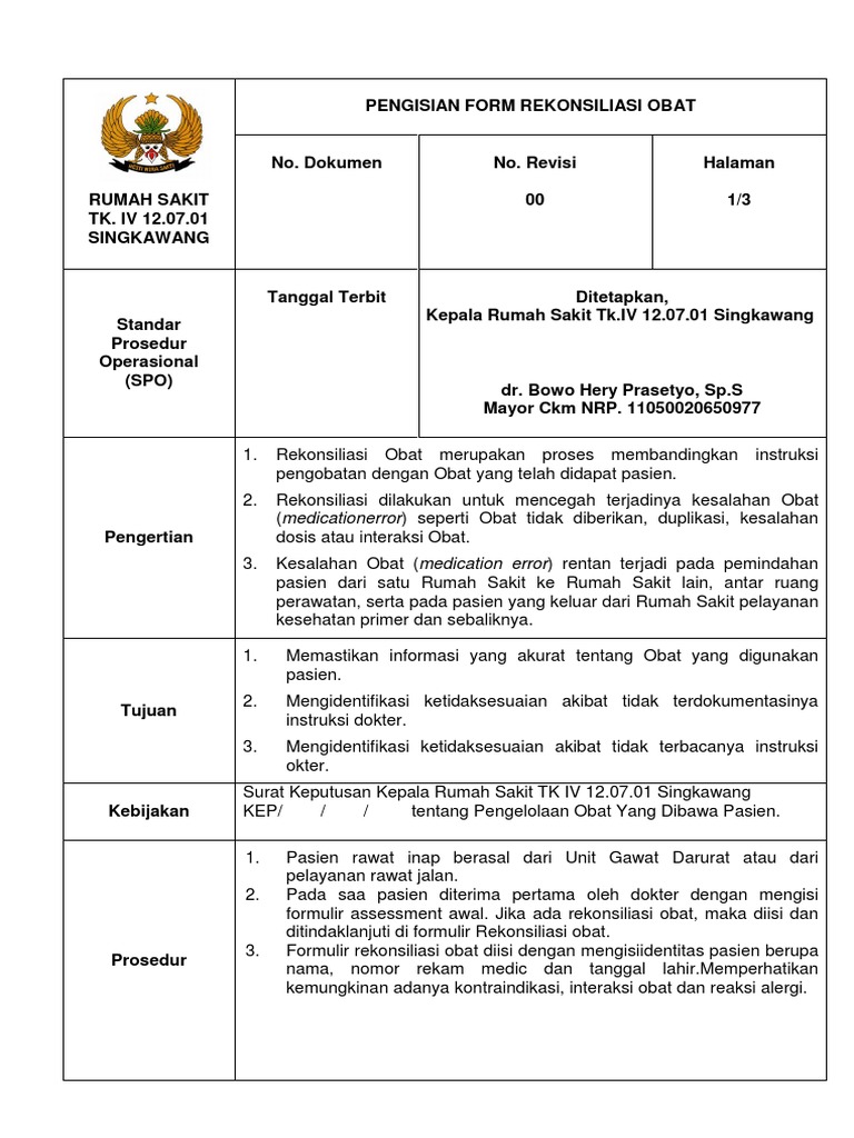 Spo & Form Rekonsiliasi Obat | PDF