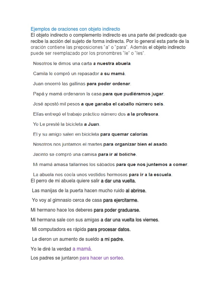 Ejemplos de Oraciones Con Objeto Indirecto | PDF
