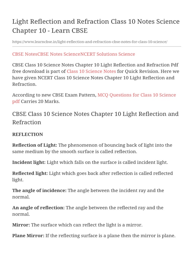 Light Reflection and Refraction Class 10 Notes Sci+ | PDF | Optics ...