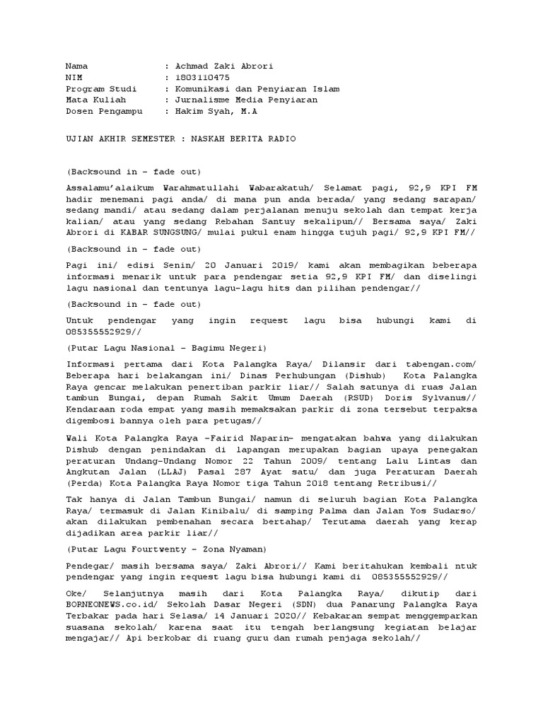 Contoh Naskah Berita Siaran Radio | PDF