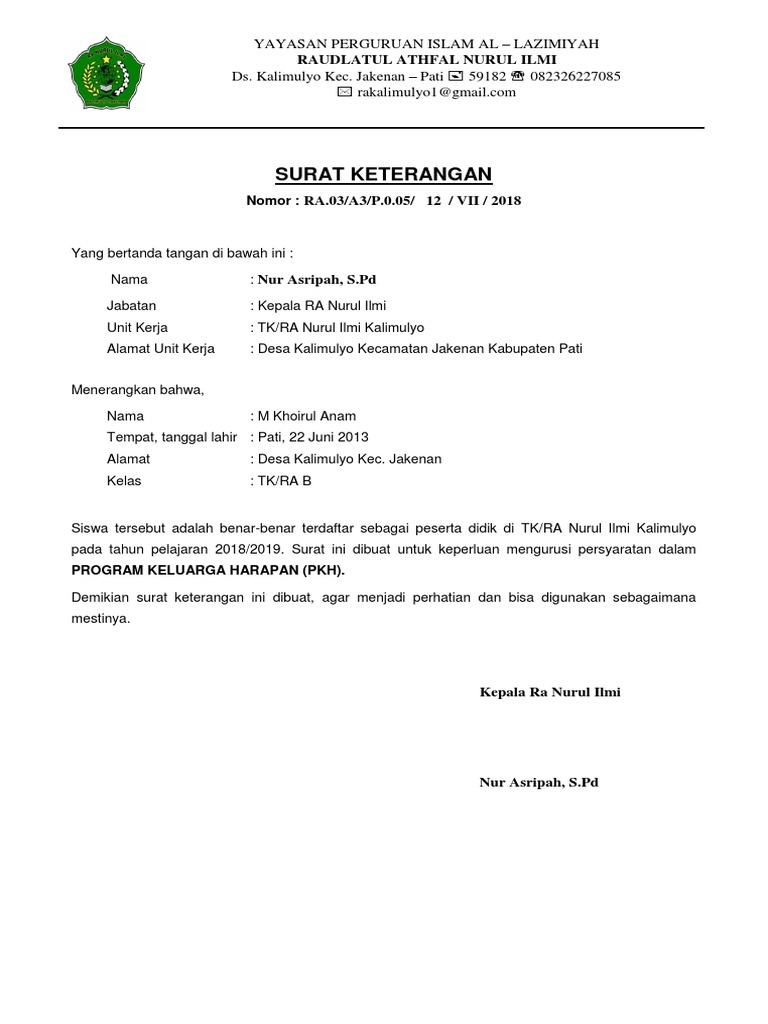 Surat Keterangan PKH | PDF