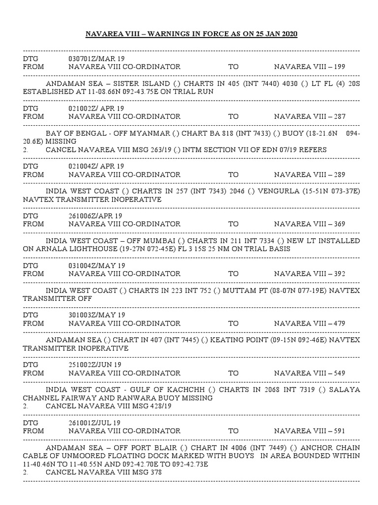 NAVAREA VIII Warnings Summary 2020 | PDF | Ships | Water Transport