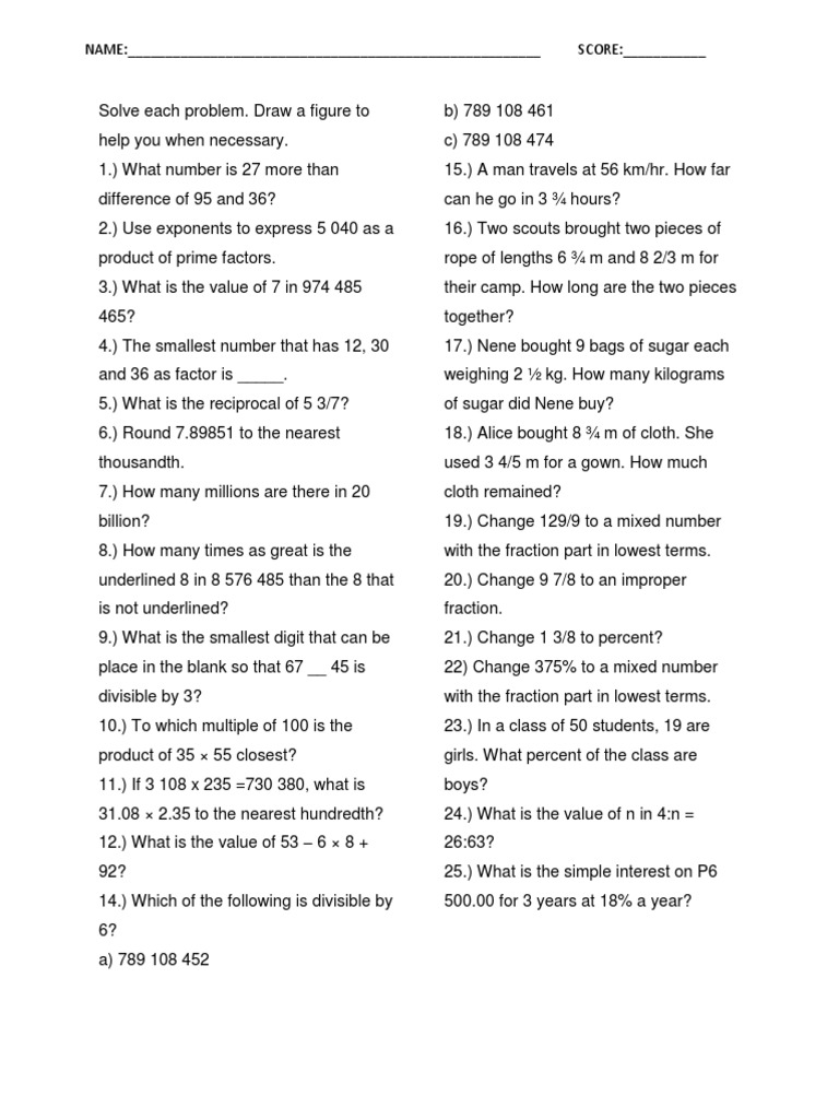 G6-Solve Each Problem | PDF | Fraction (Mathematics) | Arithmetic