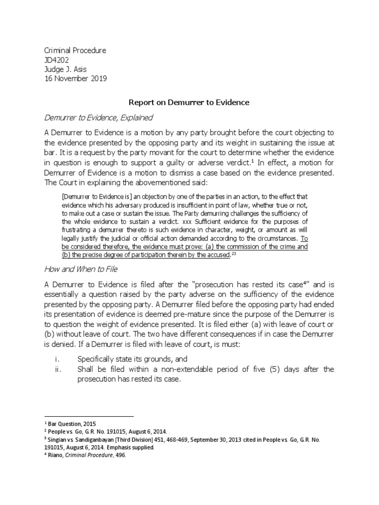 CrimPro Report: Motion To Demurrer of Evidence | PDF | Demurrer | Evidence