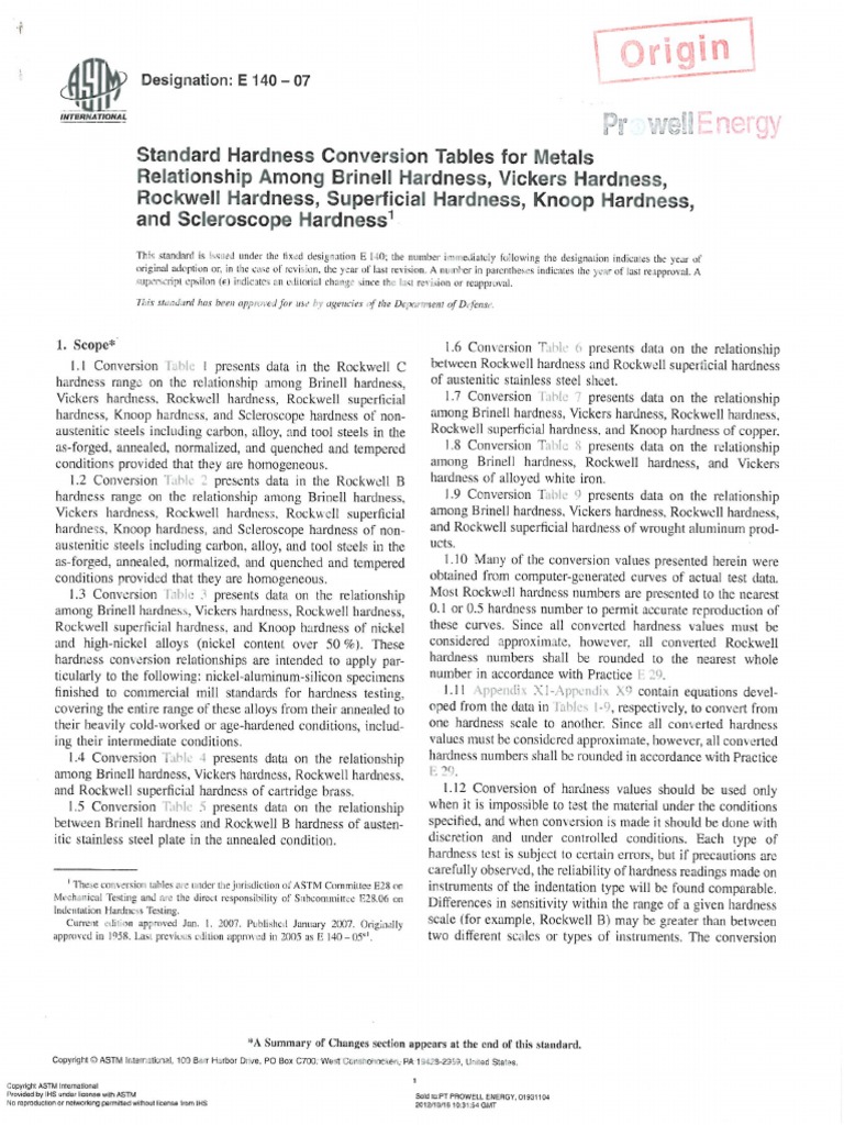 ASTM E140-07 - Standard Hardness Conversion Table | PDF