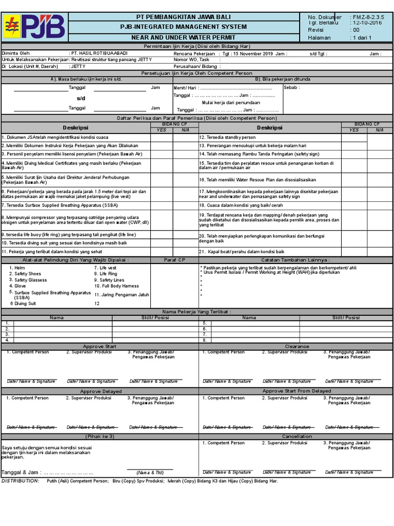 Contoh FORM SAFETY PERMIT PEKERJAAN Near and Under Water | PDF