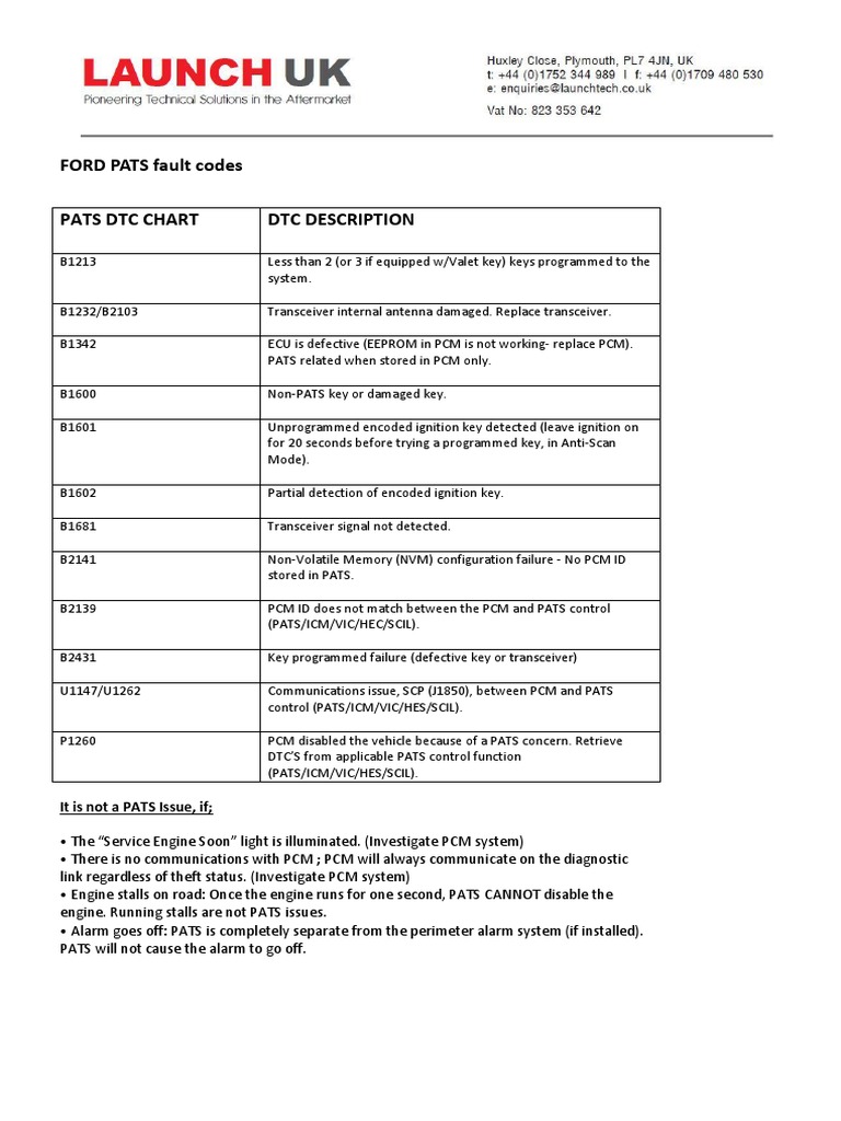 Ford PATS Fault Codes | PDF | Telecommunications | Computing