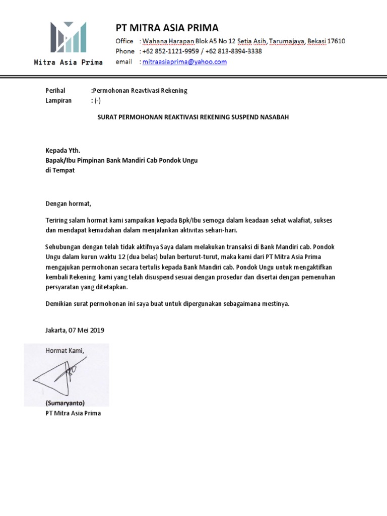 Surat Permohonan Aktivasi Rek PDF | PDF