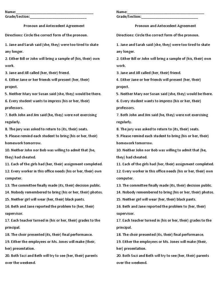 Pronoun Antecedent Agreement Quiz | PDF | Language Arts & Discipline