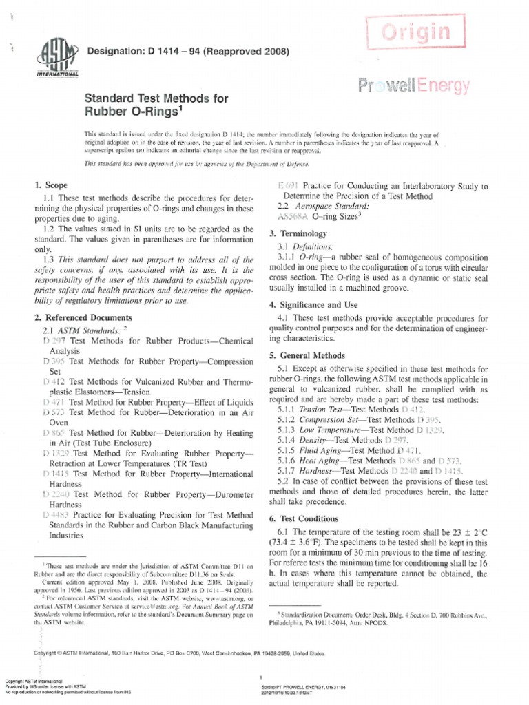 ASTM D1414 - Standard Test Methode For Rubber) - Rings PDF | PDF