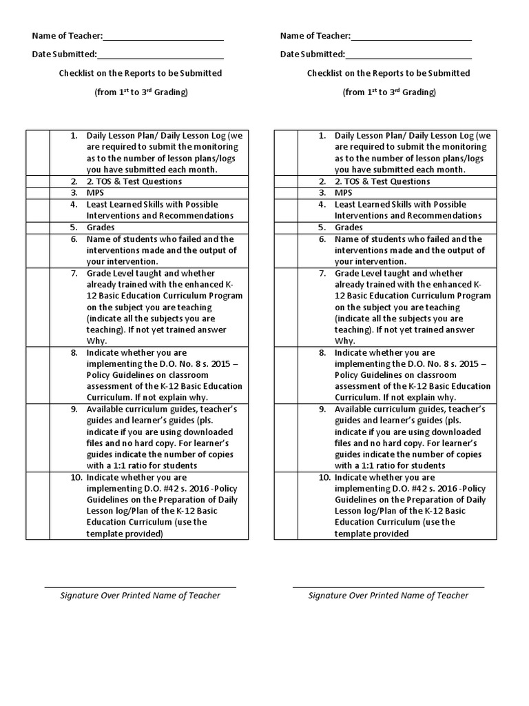 Checklist | PDF | Lesson Plan | Curriculum