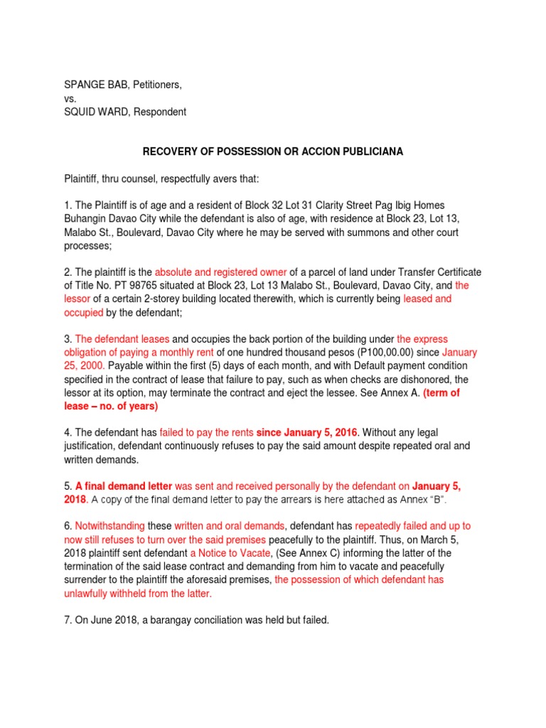 Complaint For Accion Publiciana | PDF | Lease | Civil Law (Common Law)