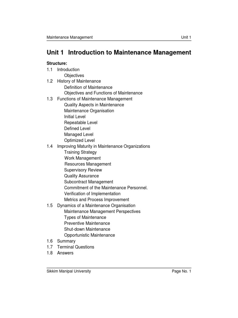 Unit 1 Introduction To Maintenance Management: Structure | PDF ...