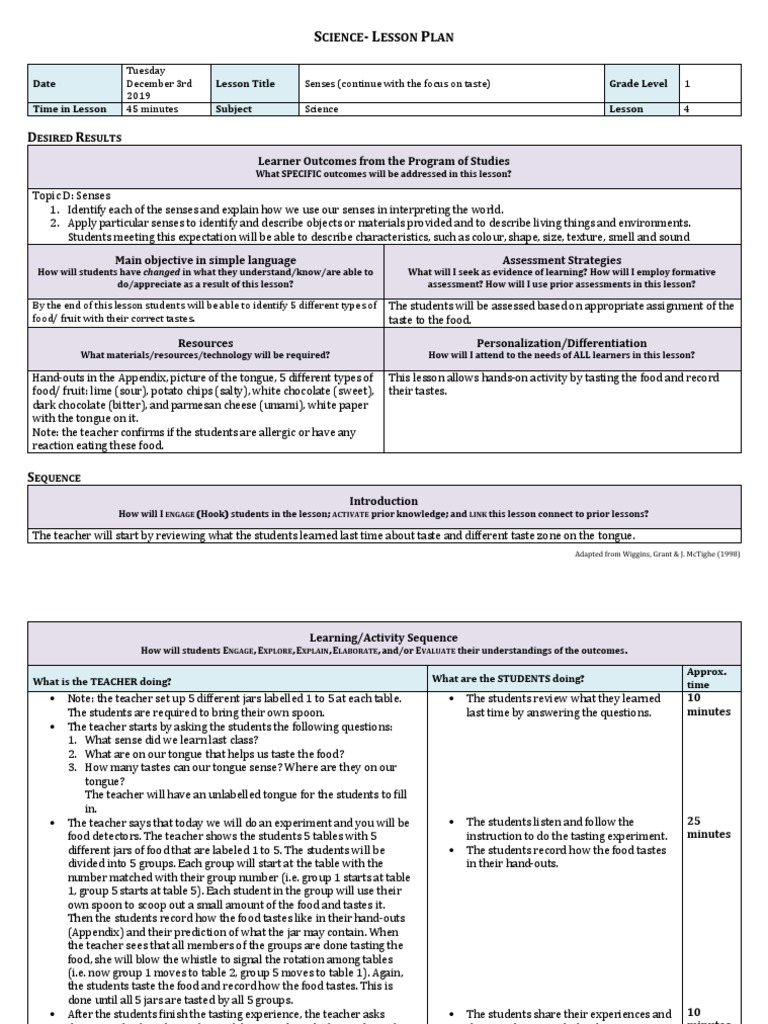 Sample Lesson Plan and Summative Assessment | PDF | Taste | Senses
