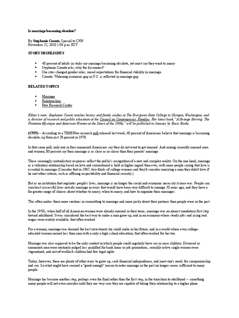 Is Marriage Becoming Obsolete | PDF | Marriage | North American Writers