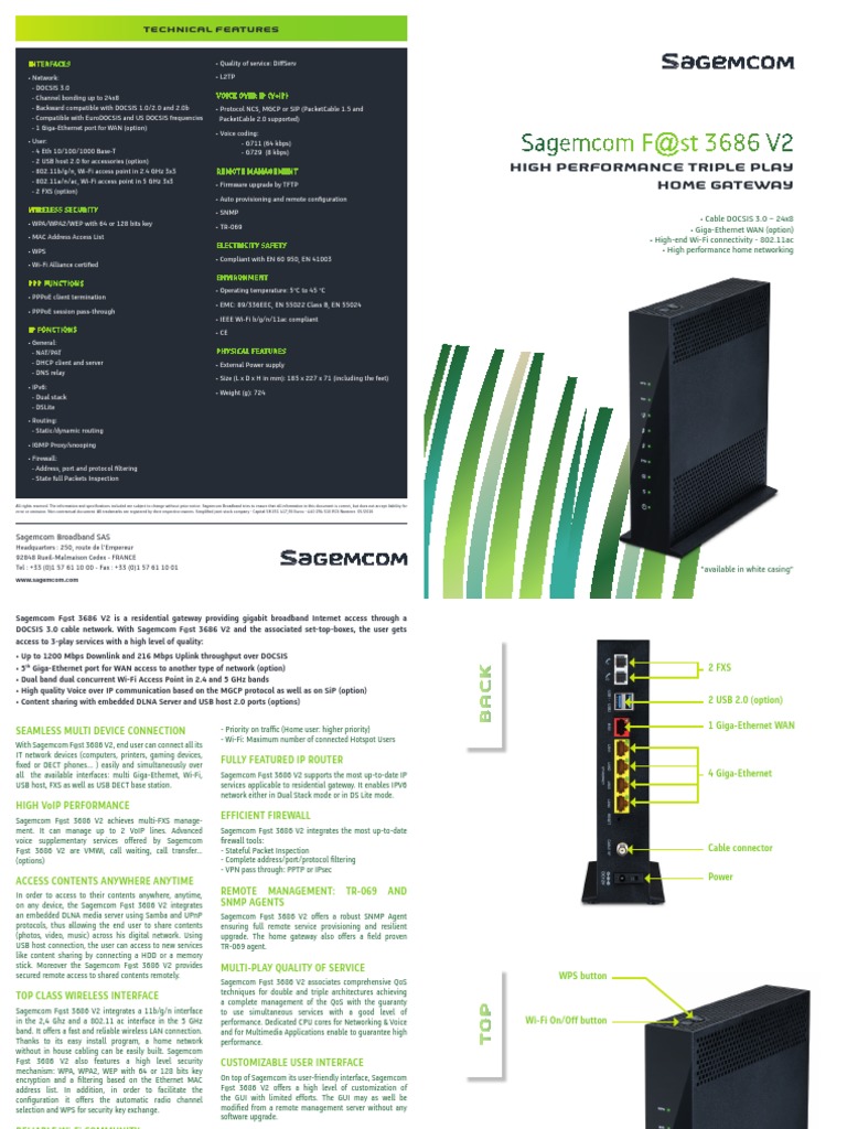 Sagemcom F@st 3686 V2 Gateway Overview | PDF | Wi Fi | I Pv6