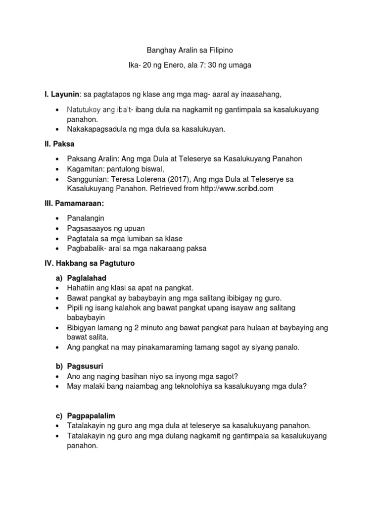 Banghay Aralin Sa Filipino
