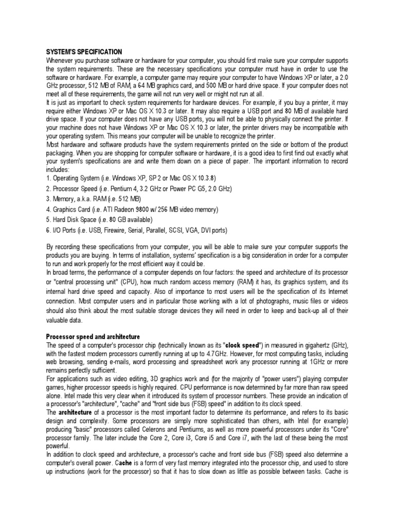 System Specification Information Sheet | PDF | Personal Computers ...