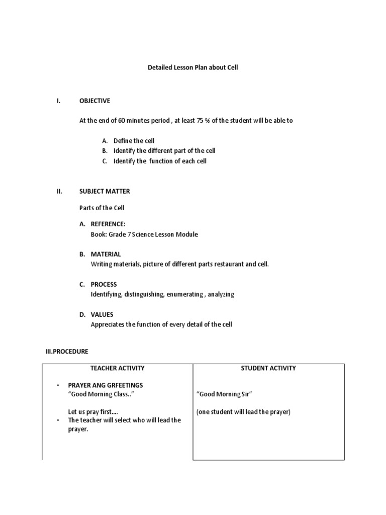 Detailed Lesson Plan About Cell | PDF | Endoplasmic Reticulum | Cell ...