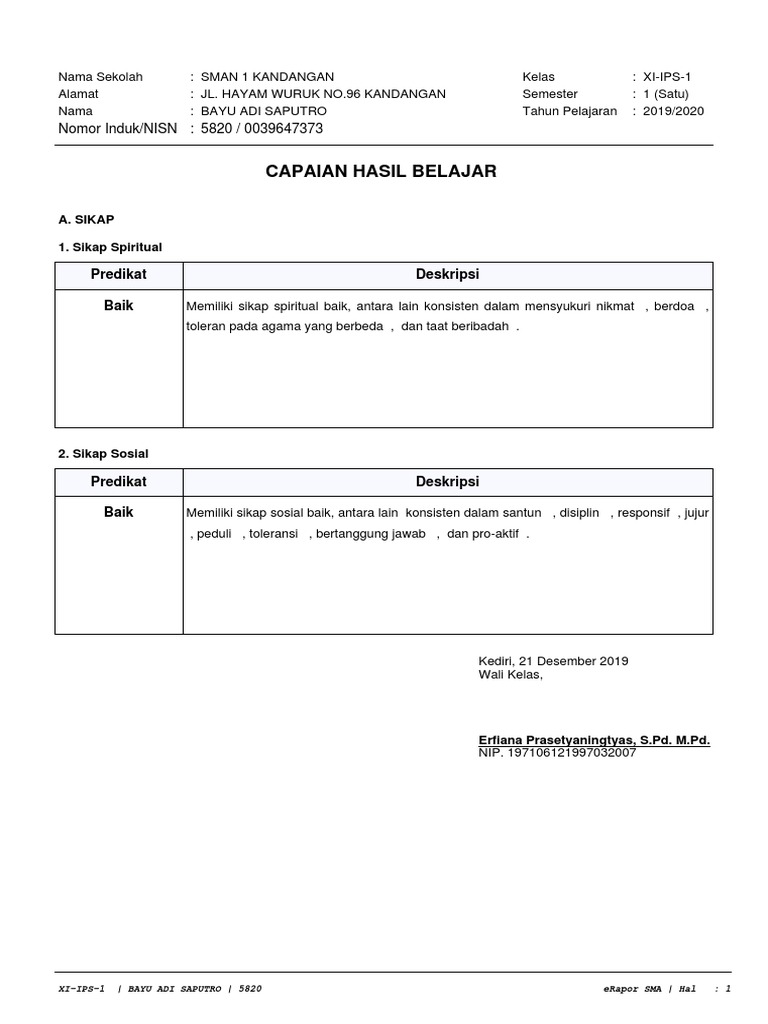Rapor - BAYU ADI SAPUTRO - 20191 | PDF