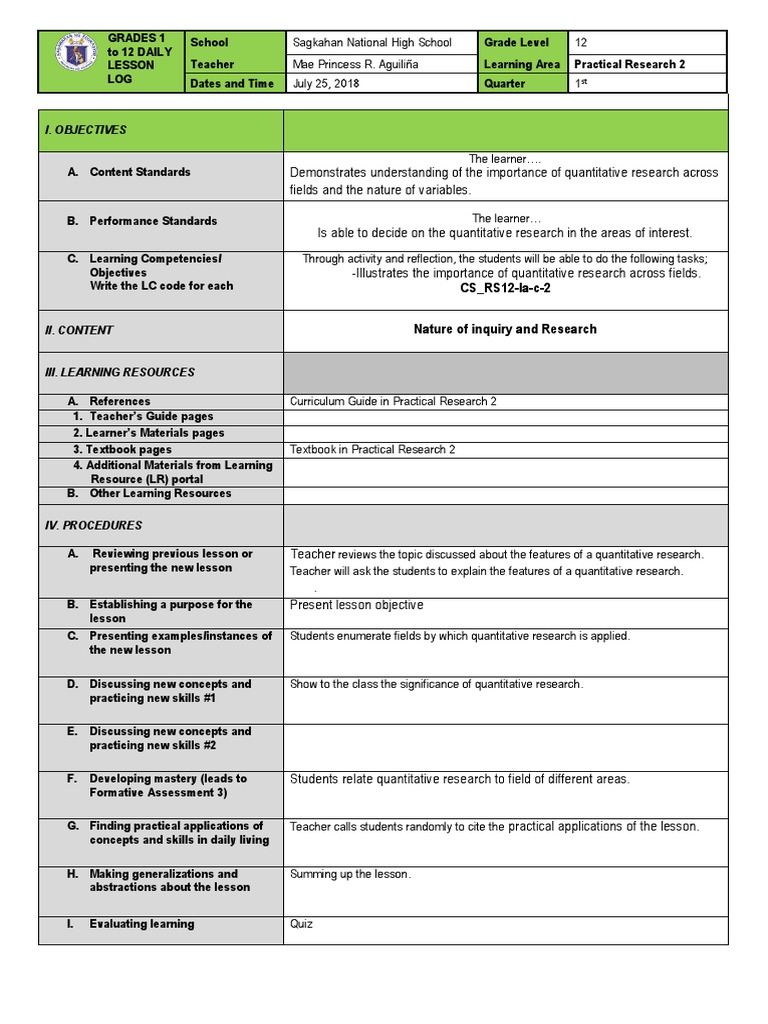 July-25 DLL Practical Research 2 | PDF | Teachers | Learning